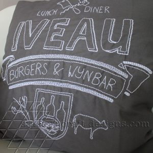 Embroidered restaurant logo on cushion cover - Stacey's craft & designs