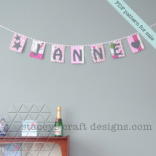 Patchwork name garland with felt appliqué - Stacey's craft & designs